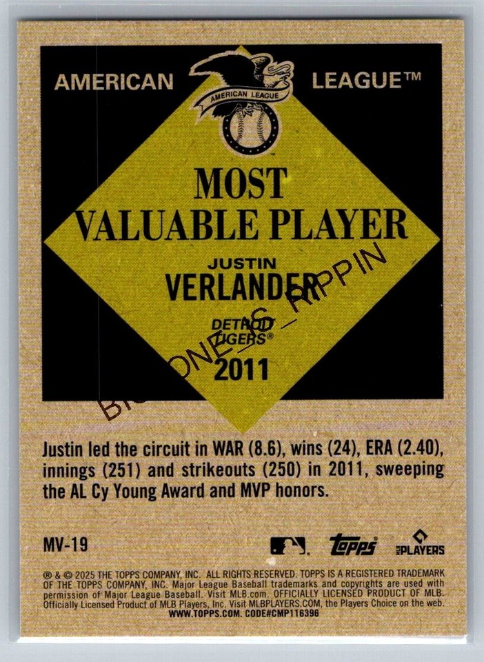 2025 Topps Update JUSTIN VERLANDER #MV-16 2011 MVP Insert Detroit ...