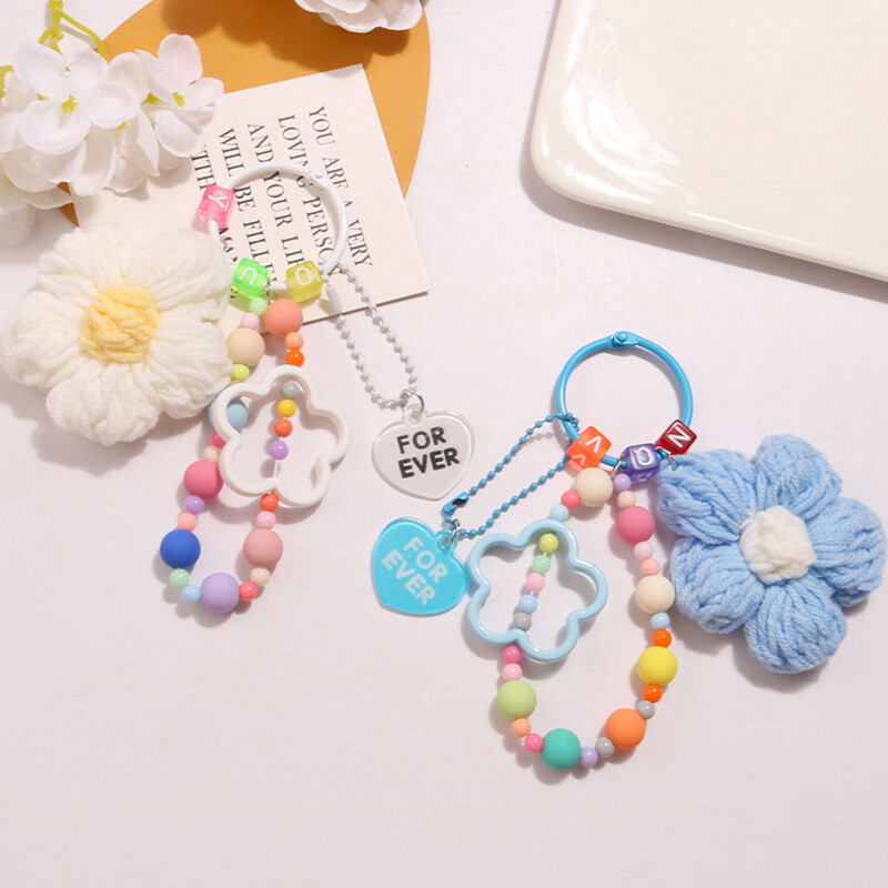 Cartoon Wool Knitted Flowers Key Chains Beaded Wristlet Lanyard ...