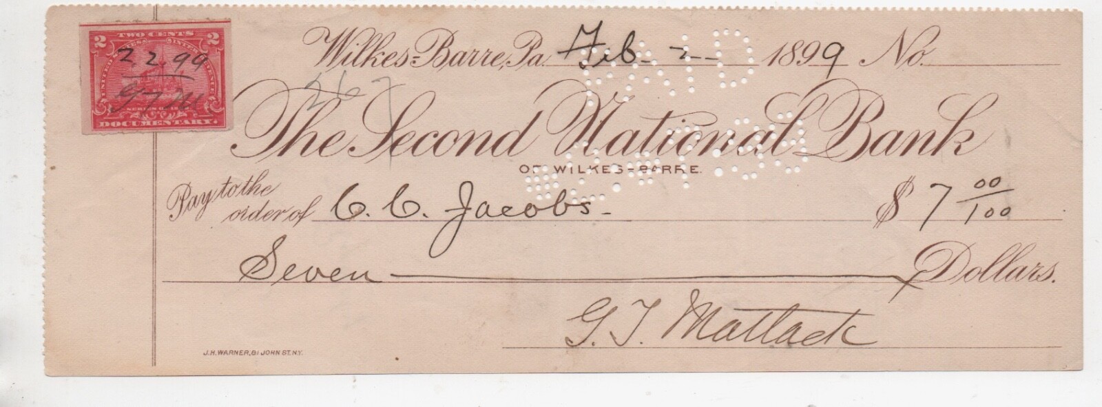 1899 Check from the Second National Bank Wilkes Barre PA with ...