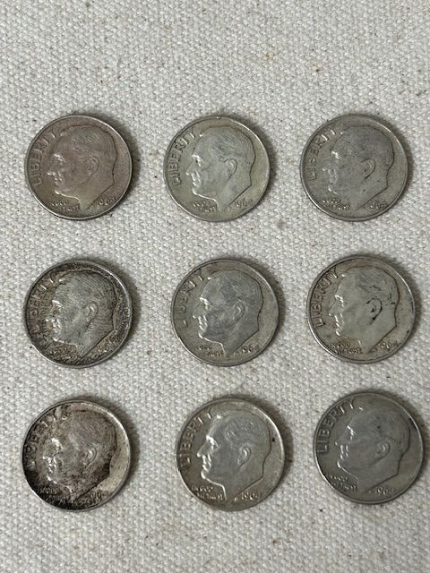 Lot of 9 Roosevelt Dimes - All 1964 - (8P and 2D) - Circulated - 90% ...
