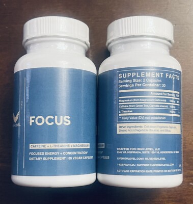 2 NEW High Level FOCUS VEGAN Capsules CAFFEINE L-THEANINE MAGNESIUM ...