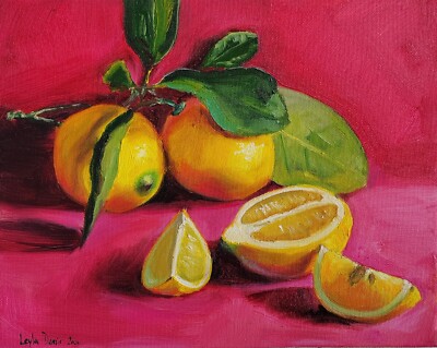 Lemon fruit on pink still life oil painting realistic citrus wall decor ...