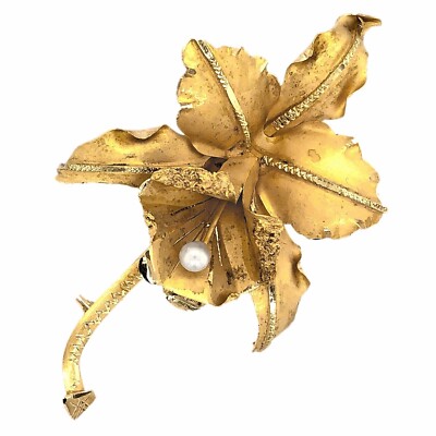 Vintage 18K Yellow Gold Lily Flower with Pearl Brooch / Pin - Estate ...