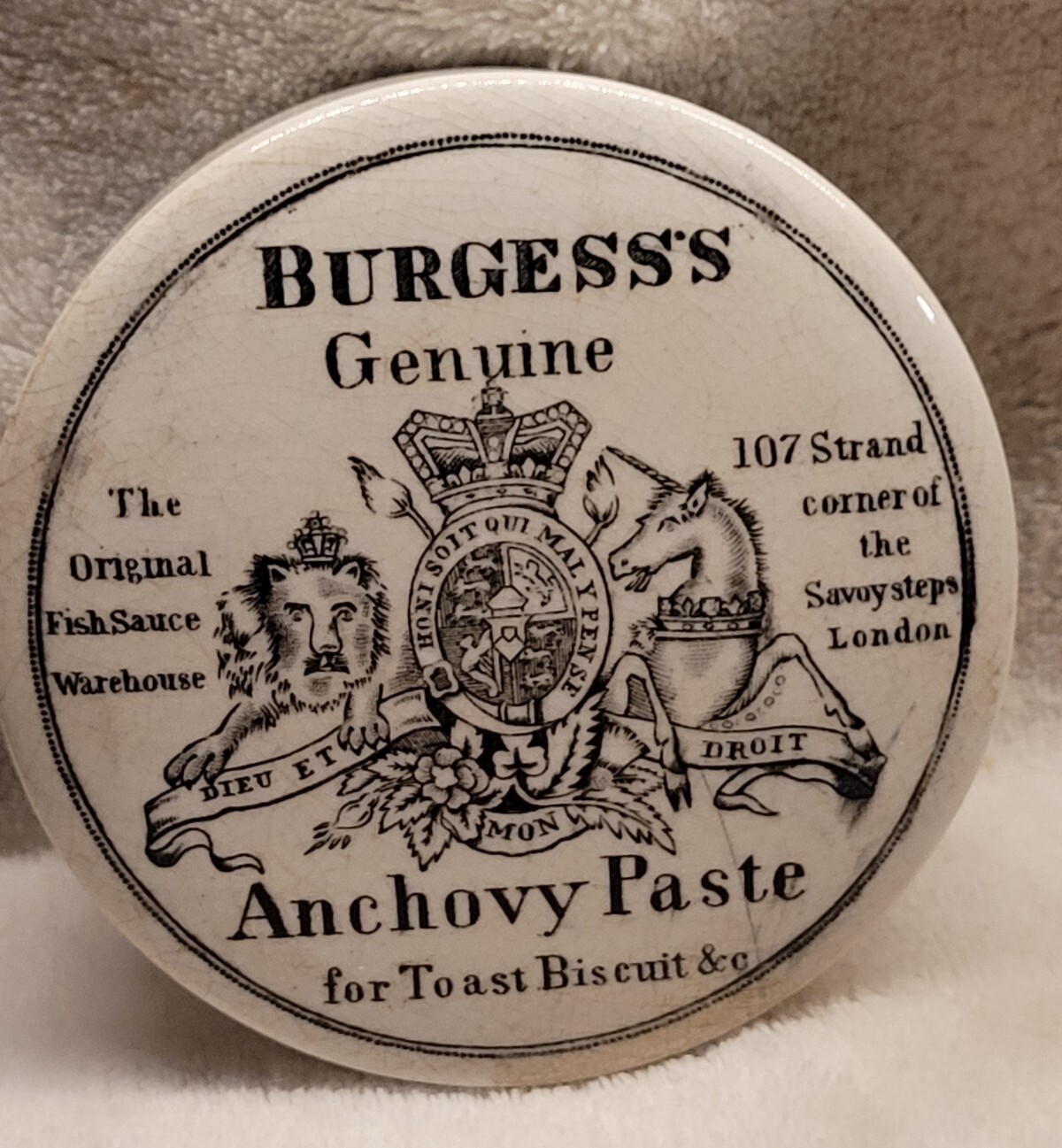 OLD BURGESS'S GENUINE ANCHOVY PASTE w LION & UNICORN GRAPHICS PORCELAIN ...