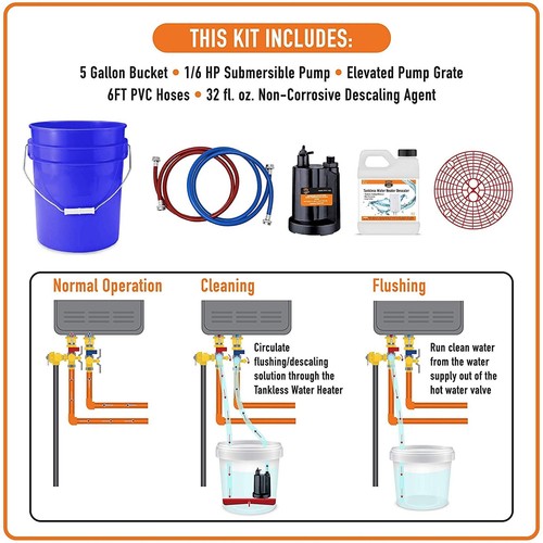 Tankless Water Heater Flush Kit w/ Descaler Solution & 1/6HP Pump ...