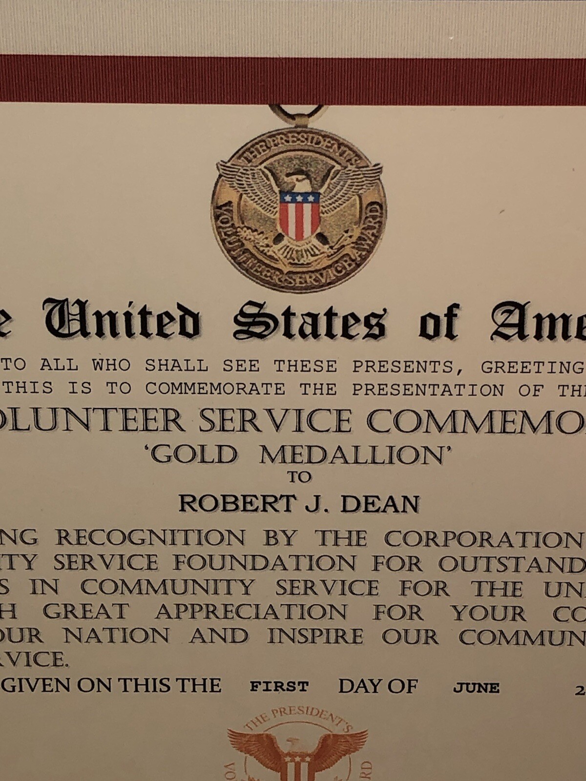 PRESIDENT'S VOLUNTEER COMMEMORATIVE SERVICE [GOLD] AWARD CERTIFICATE ...