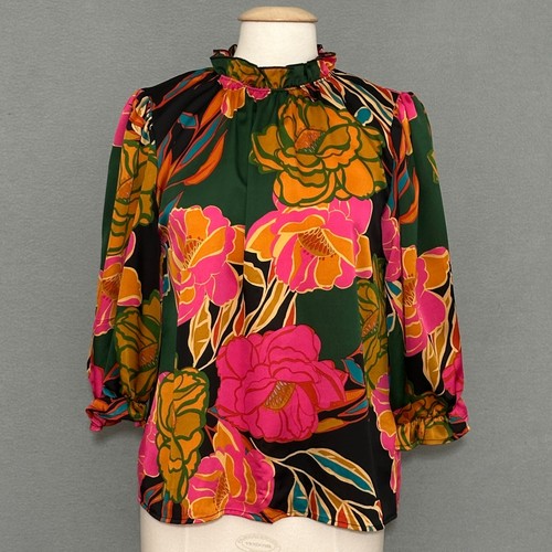 Entro Womens Top M Black Pink Abstract Floral High Ruffle Boxy Retro ...