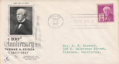 100th Anniversary Thomas Edison Art Craft First Day Cover 1947 Milan ...