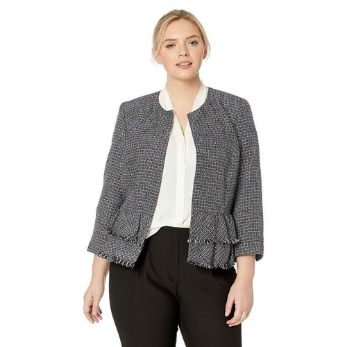 NWT Nine West Women Black Multi Jewel Neck Tweed Open Ruffle Bottom ...