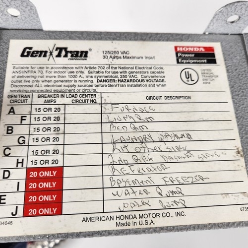 GenTran 6 Circuit Manual Transfer Generator Switch 20216 for sale ...