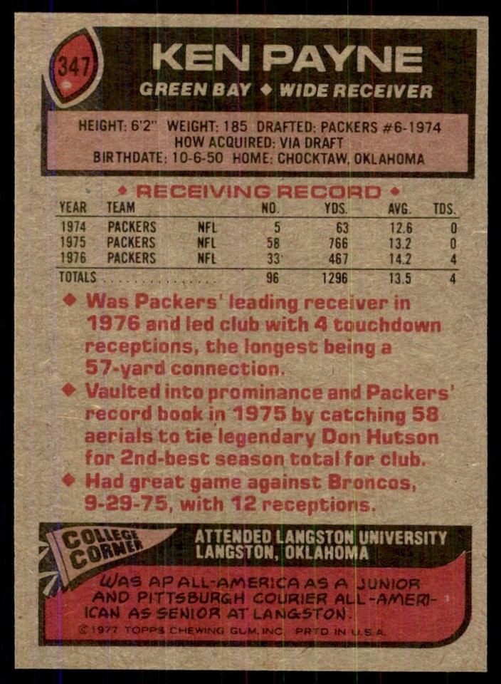 1977 Topps Ken Payne #347 Green Bay Packers GcUmQp FREE SHIPPING | eBay