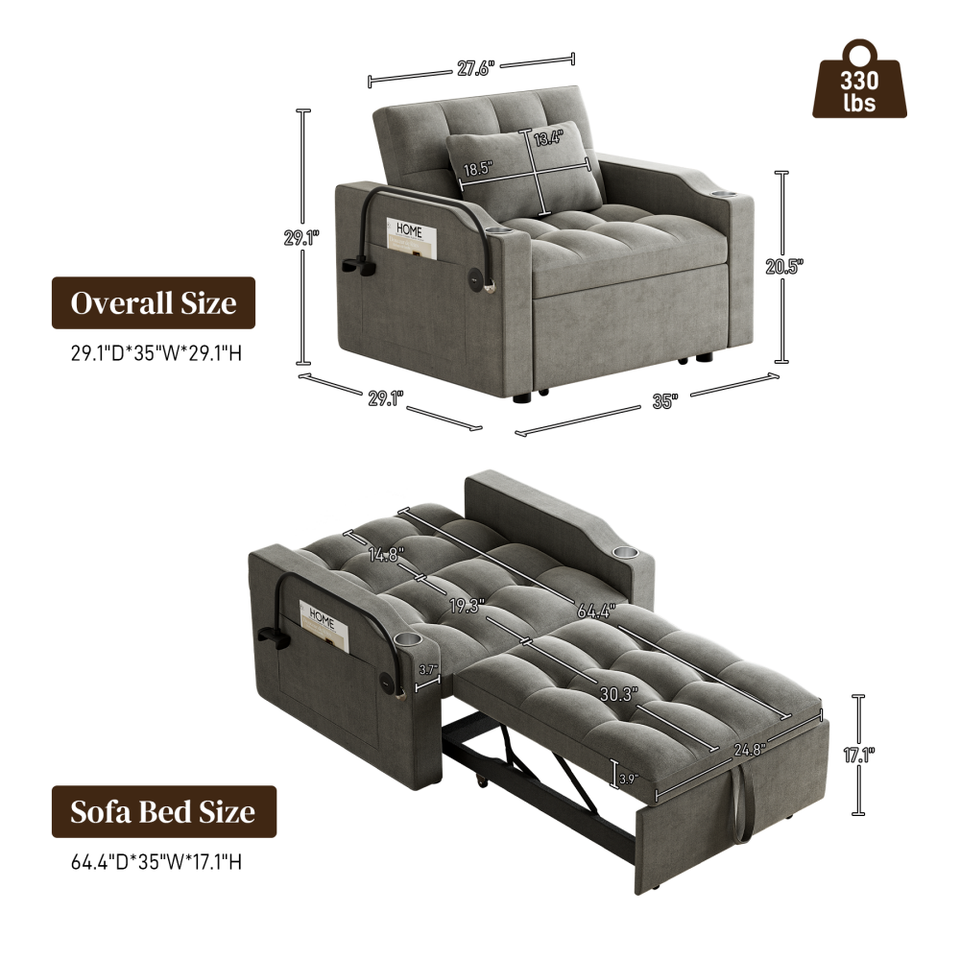 Modern Velvet 3-in-1 Pull Out Bed Folding Sofa Convertible Single ...