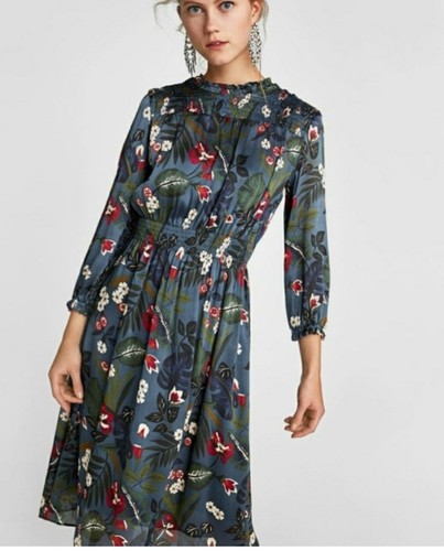 Zara Blue Floral Midi Dress Long Sleeve Smocked Ruched Lined Size M EUC ...