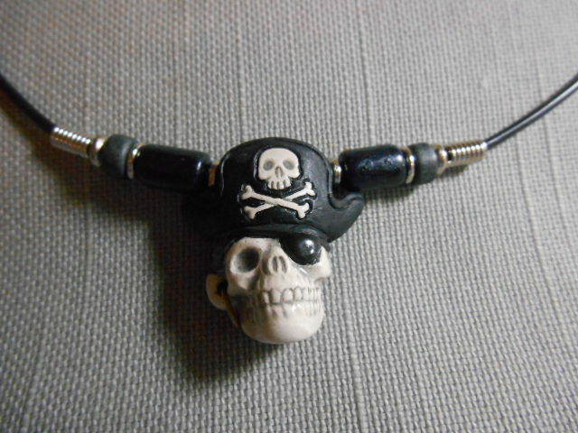 Novelty 18" Pirate Necklace Ceramic Skull Black Leather Cord FIMO Beads ...