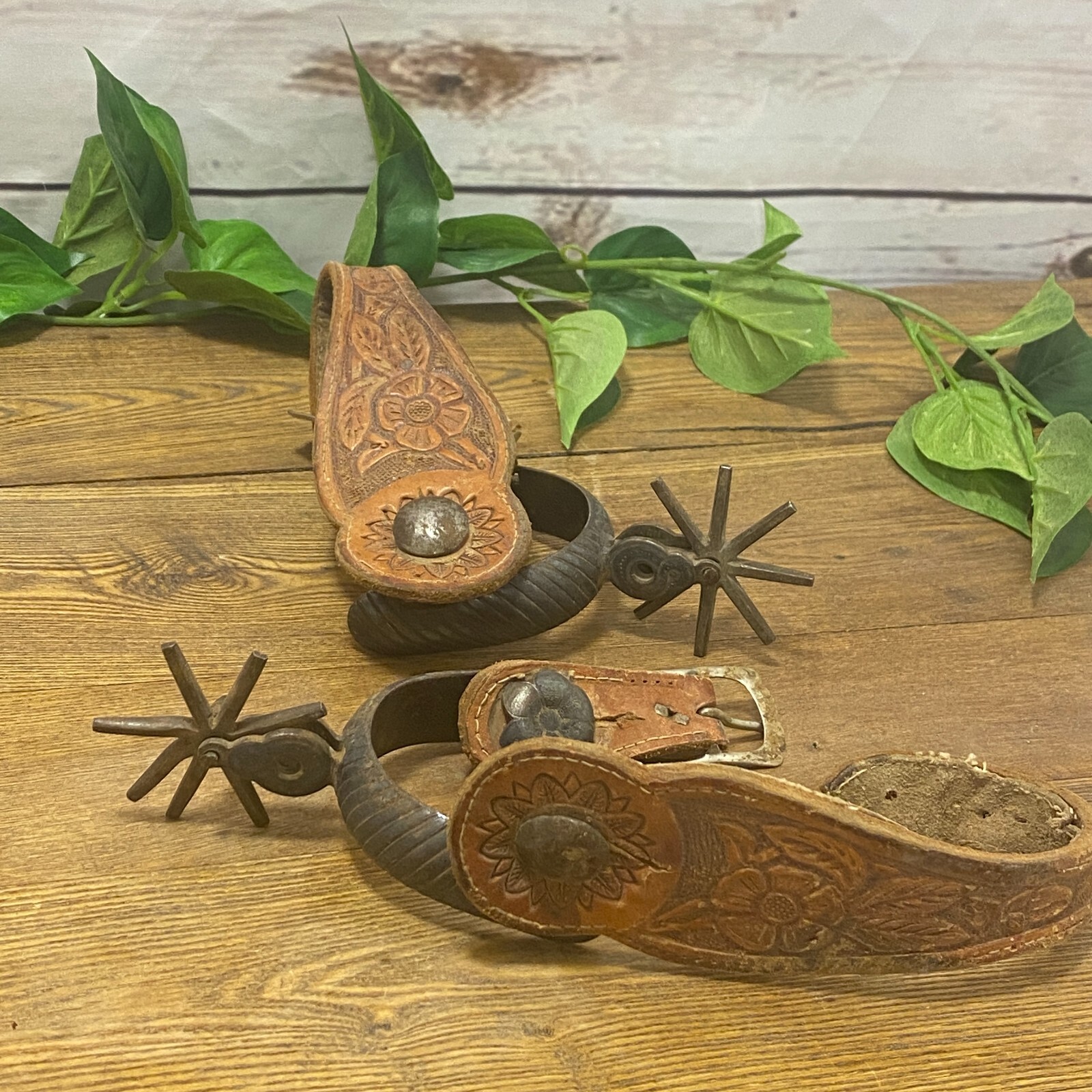 VTG Antique Mexican Spurs Western Decor Charro Cowboy Leather Stamped ...