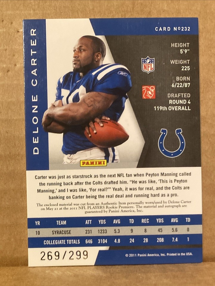 2011 Panini Limited #232 Material Phenoms RC Delone Carter #269/299 RC ...