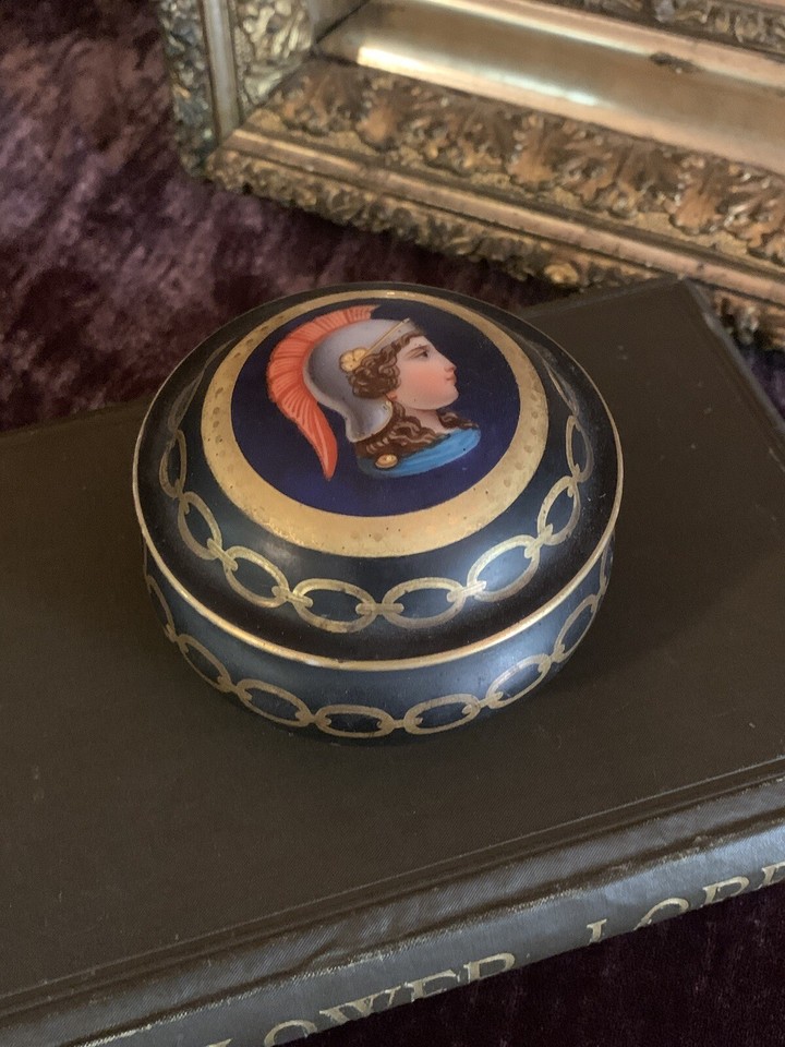 Antique Greco Roman painted portrait gilt porcelain trinket snuff ...