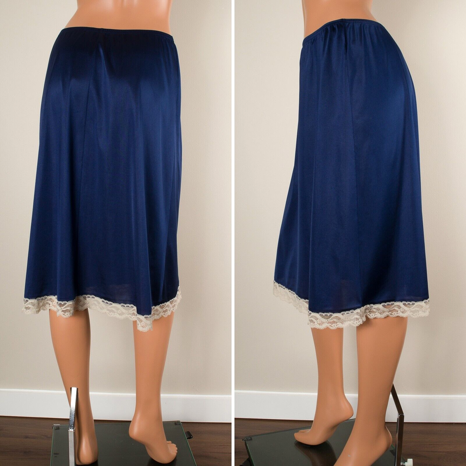 💖 VANITY FAIR Navy Blue Half Slip Skirt Silky Nylon Ecru Lace Trim Hem ...