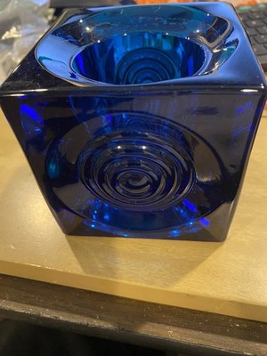 A7 vintage Viking Cobalt Blue Glass Bullseye Cube Candle Holder MCM 3.5 ...