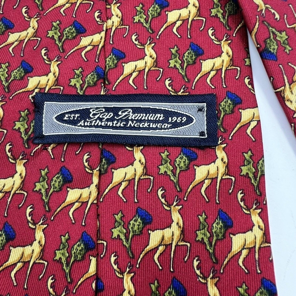 Gap Premium Tie Silk USA Made Red Gold Deer Stag Blue Green Flowers ...