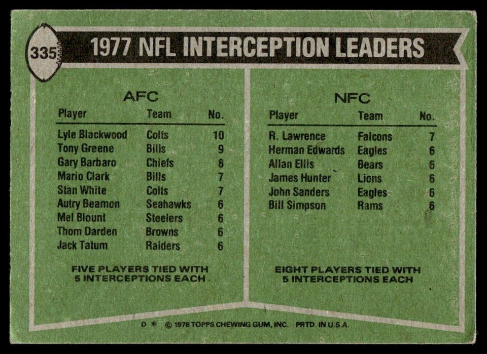 1978 Topps Interception Leaders Lyle Blackwood Rolland Lawrence #335 | eBay