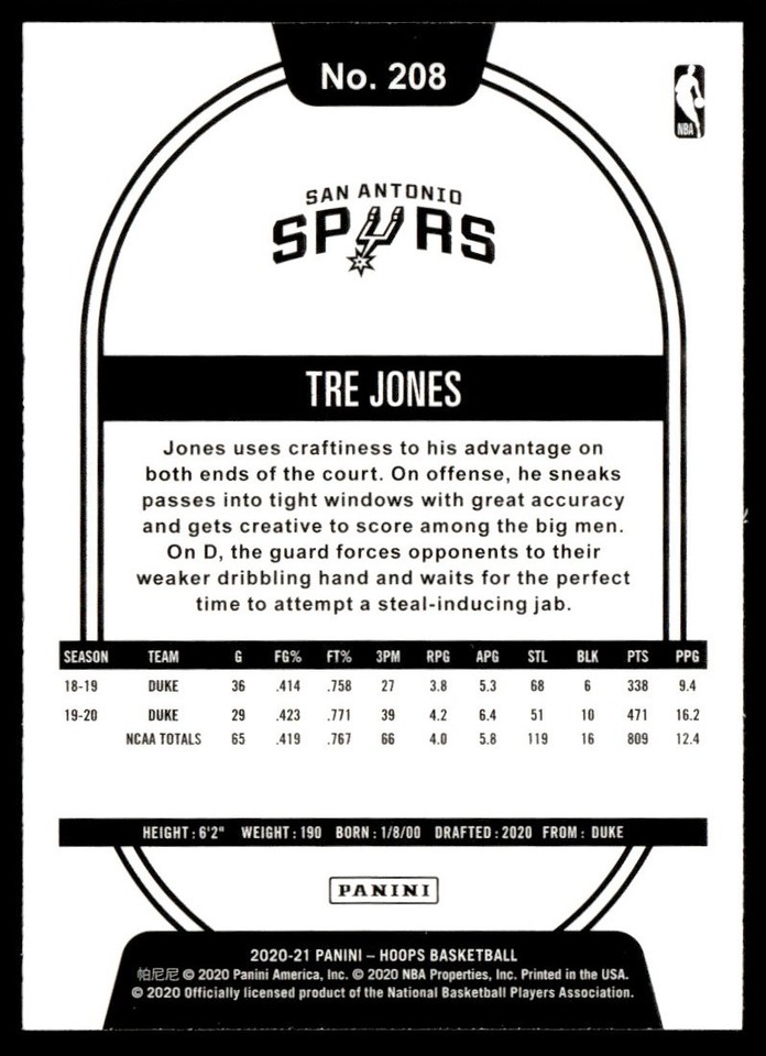 2020-21 Hoops Tre Jones Rookie San Antonio Spurs #208 | eBay