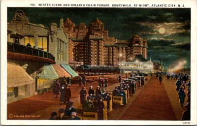 Atlantic City NJ Boardwalk Night Rolling Chair Parade Winter Vintage ...