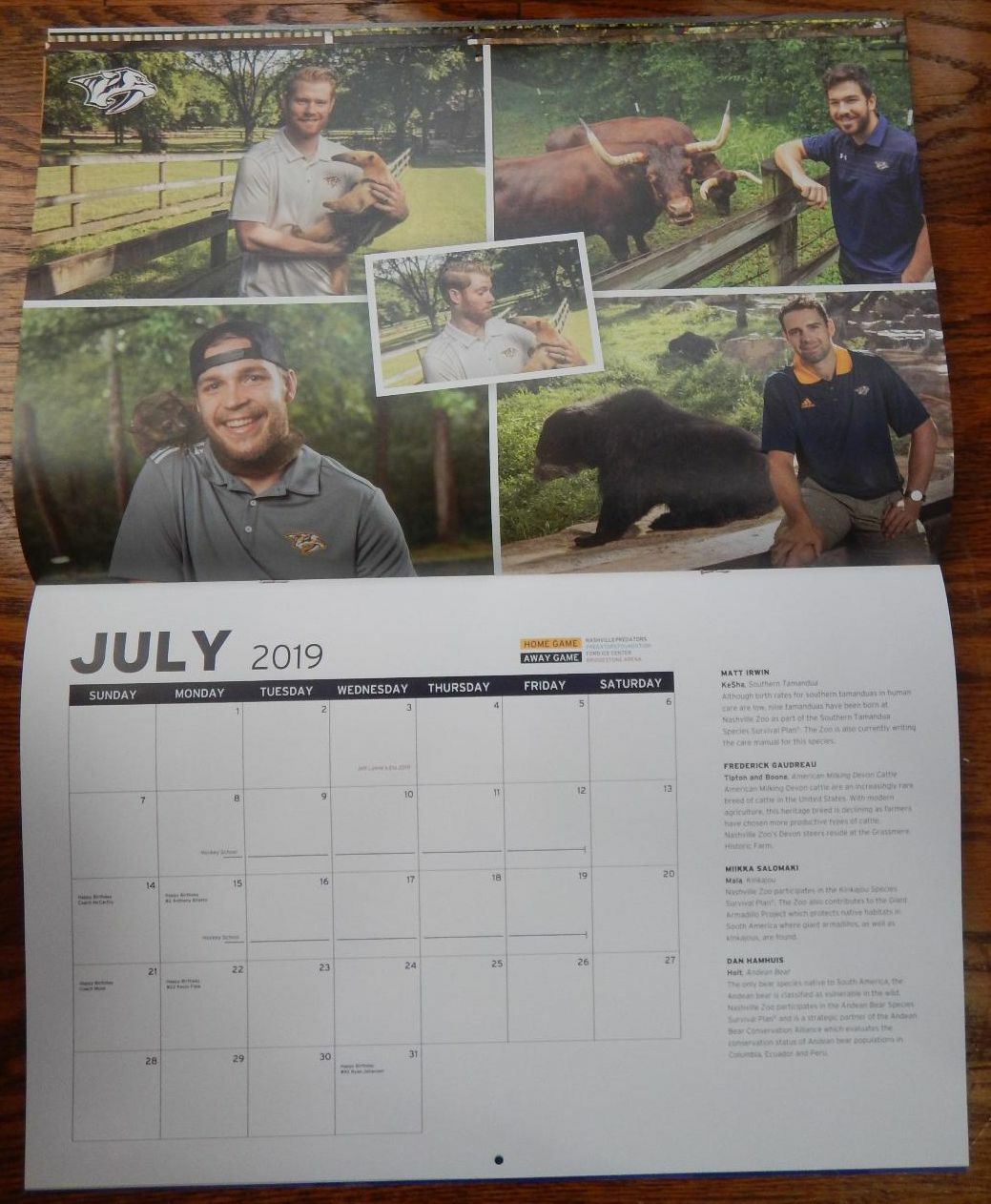 2019 Nashville Predators Smashville Zoo calendar Rinne Forsberg Juuse ...