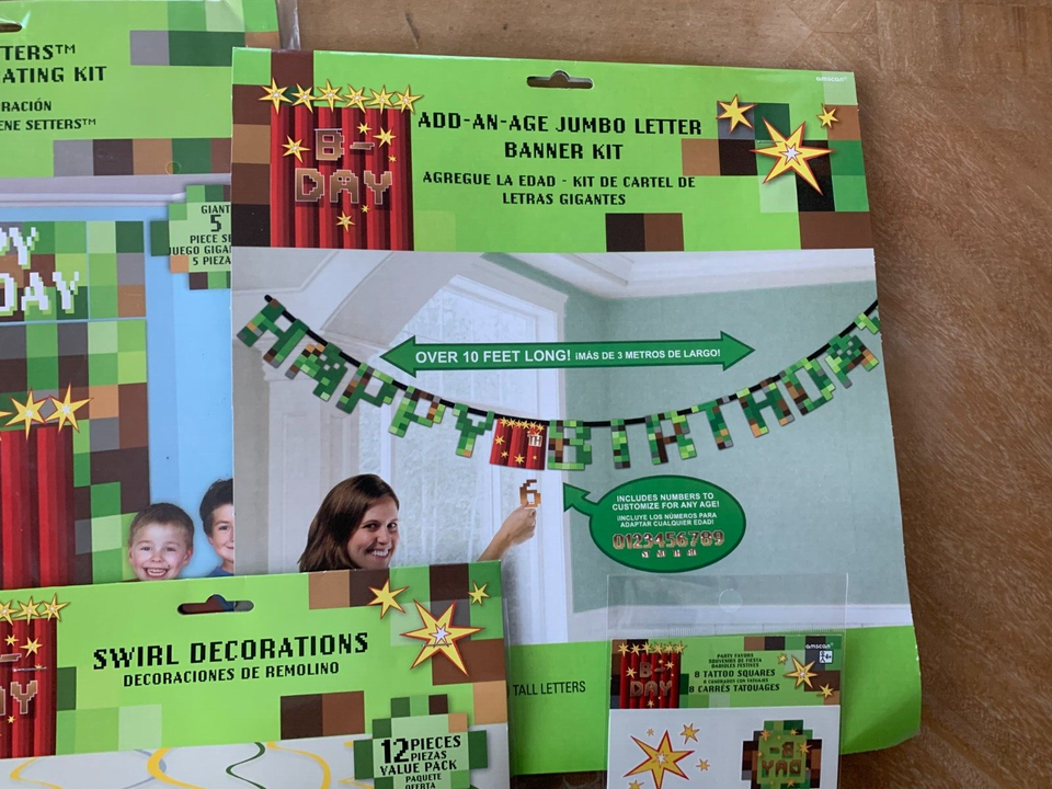 Minecraft Party Pack w/ Back Drop Swirl Decorations Tattoos Happy ...