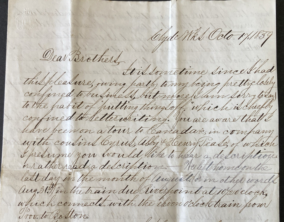 1859 INTERESTING LETTER DESCRIBING a TRIP FROM RHODE ISLAND to QUEBEC ...