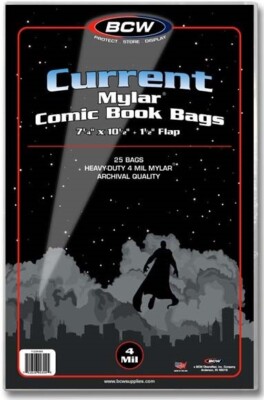 Current Mylar Comic Book Bags 4 mil Pack of 25 BCW Archival Polyester ...