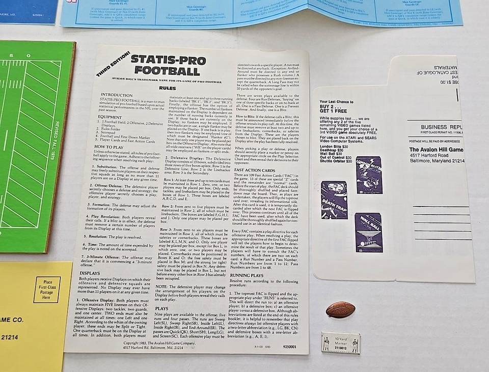 Sports Illustrated Statis Pro Football Game - Avalon Hill 1983 Season ...