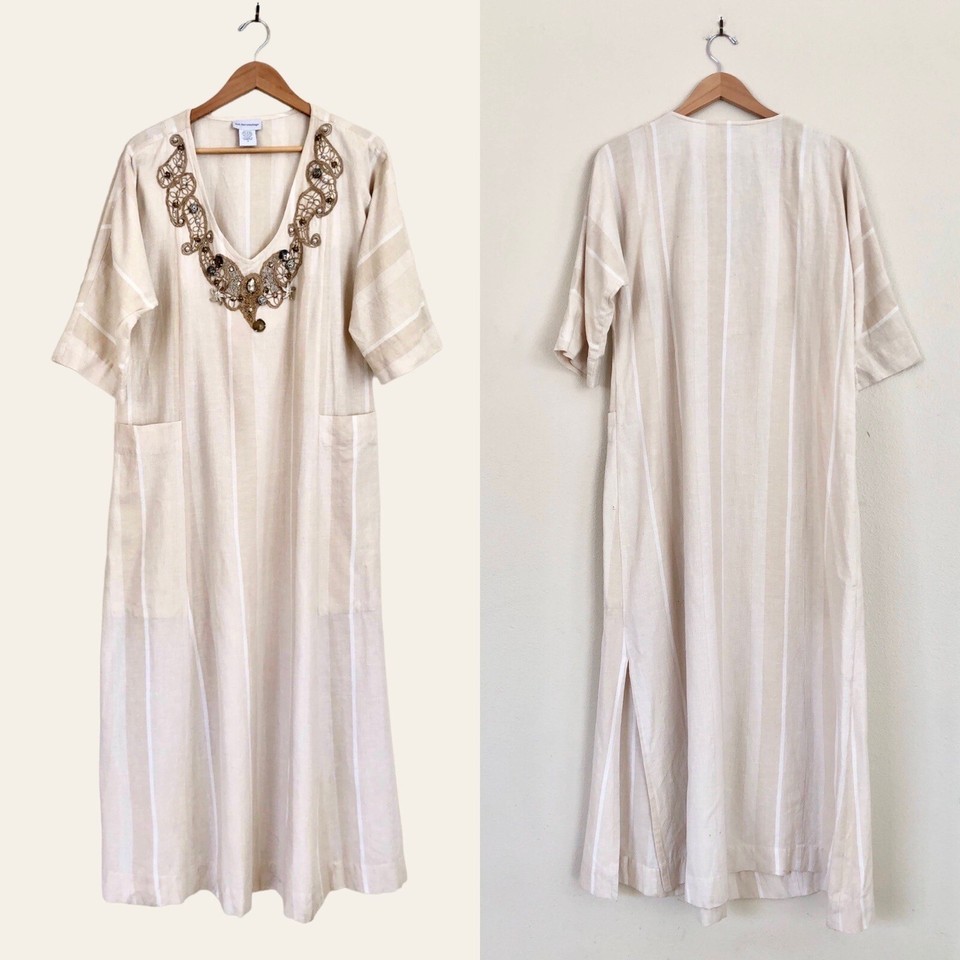 SOFT SURROUNDINGS Cape Cod Embellished Flax Beige Stripe Caftan Maxi ...