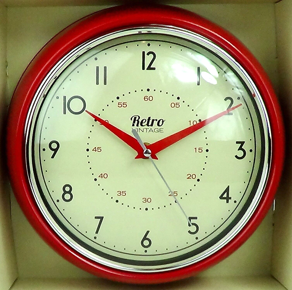 Retro Red Wall Clock, Round Metal Analogue 24cm Battery Op Diner ...