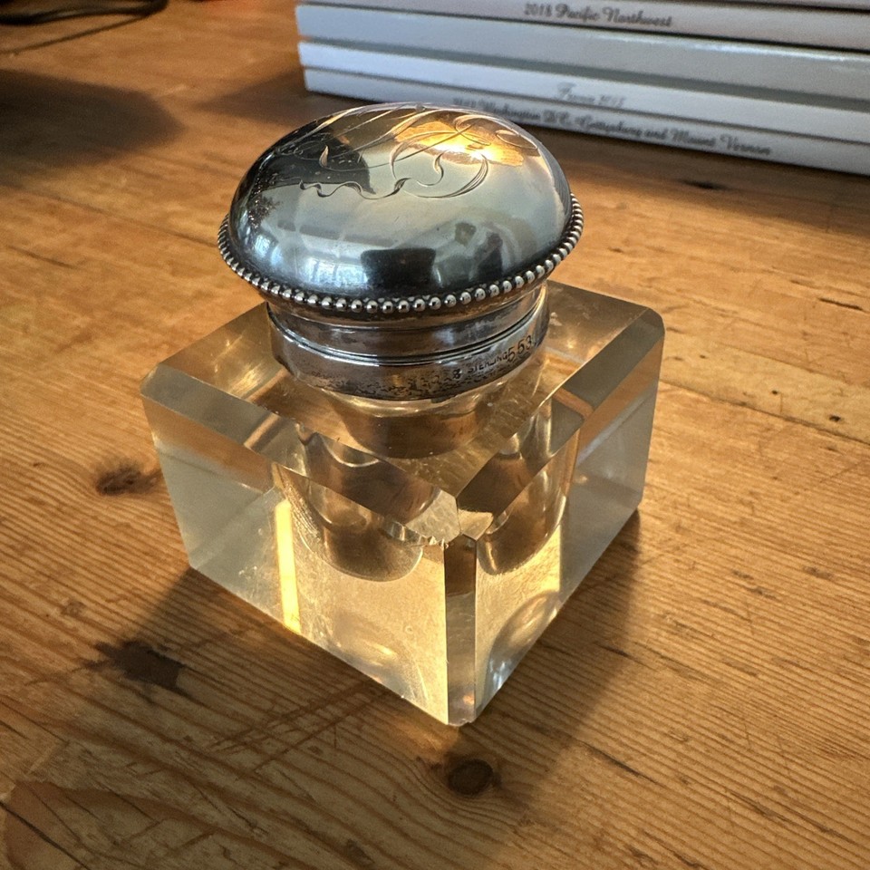 ANTIQUE STERLING SILVER LIDDED CRYSTAL INK WELL BY WALLACE HEAVY ...