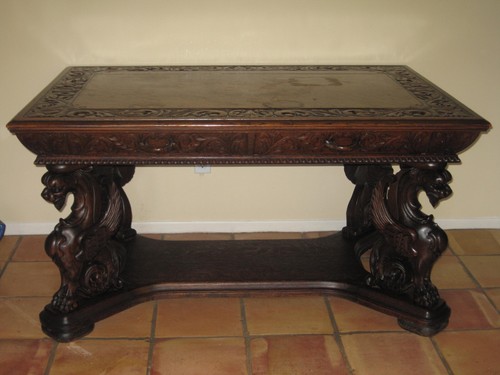 RJ Horner Large Carved Oak Griffin Writing Desk or Library Table | eBay