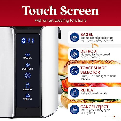 Long Slot 4 Slice Toaster, Countdown Timer, Bagel Function 6 Toast ...