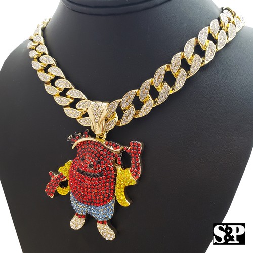 Gold Tone Kool Aid Man Pendant with Full Iced Cuban Nepal | Ubuy