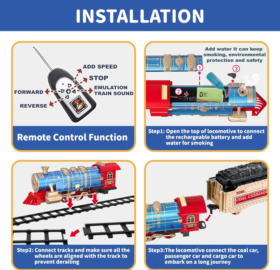 Remote Control Christmas Train Set with Lights Sounds Smoke for Kids ...