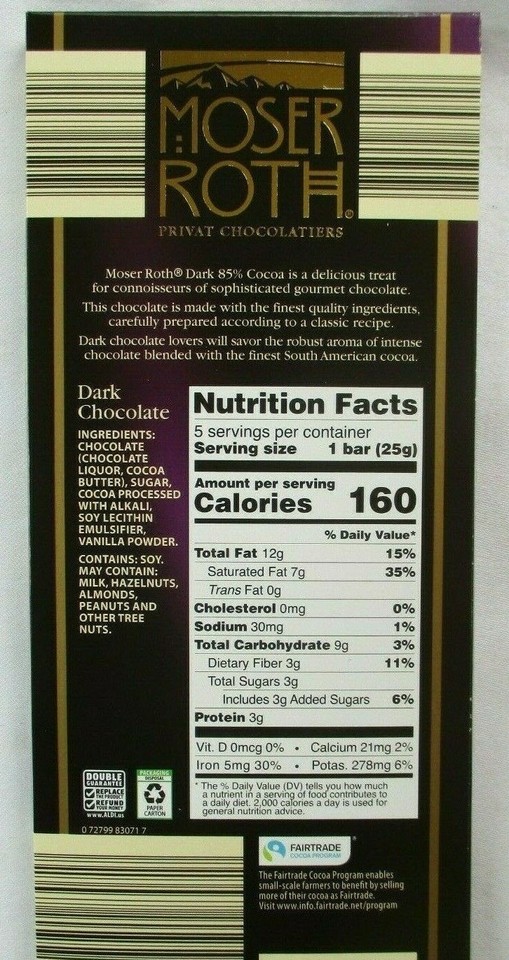 MOSER ROTH PREMIUM CHOCOLATE DARK 85% COCOA 5-BAR 4.4-OZ PACK | eBay