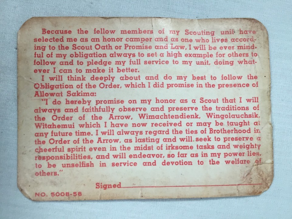 Woa Cholena OA Lodge 322 1960 Brotherhood membership card BSA Paperwork ...