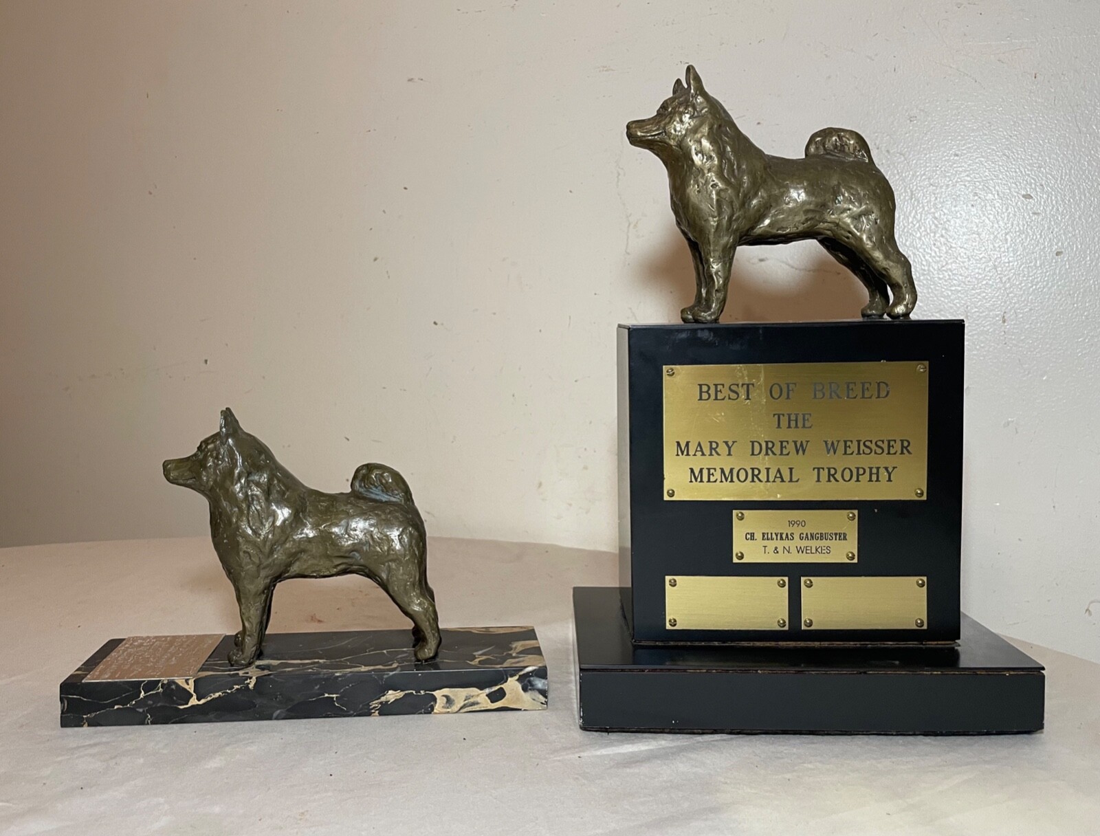 pair of vintage solid bronze Best Breed Norwegian Elkhound dog show ...