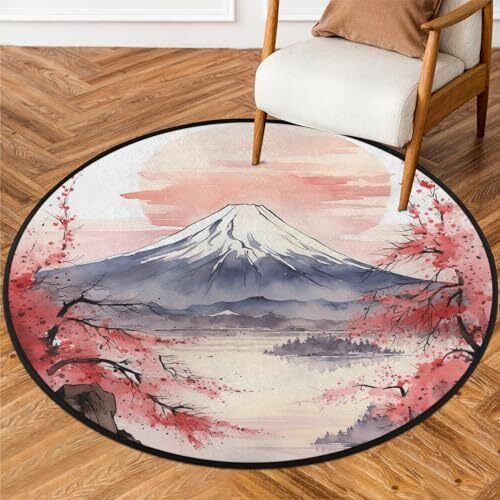 Japanese Style Round Area Rug 5Ft Non-Slip Circle Rugs Soft 5 ft Art ...