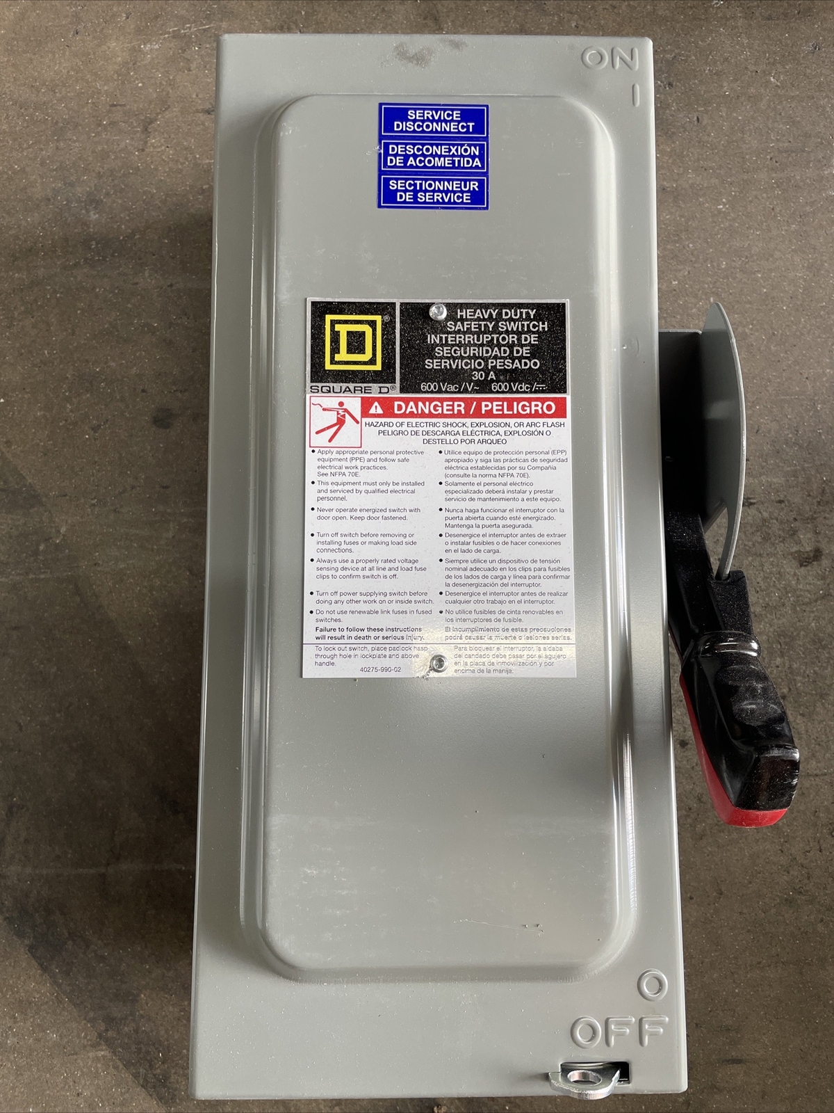 H361 - SQUARE D 30A AMP 3P POLE 600V NEMA 1 FUSIBLE HD SAFETY SWITCH ...