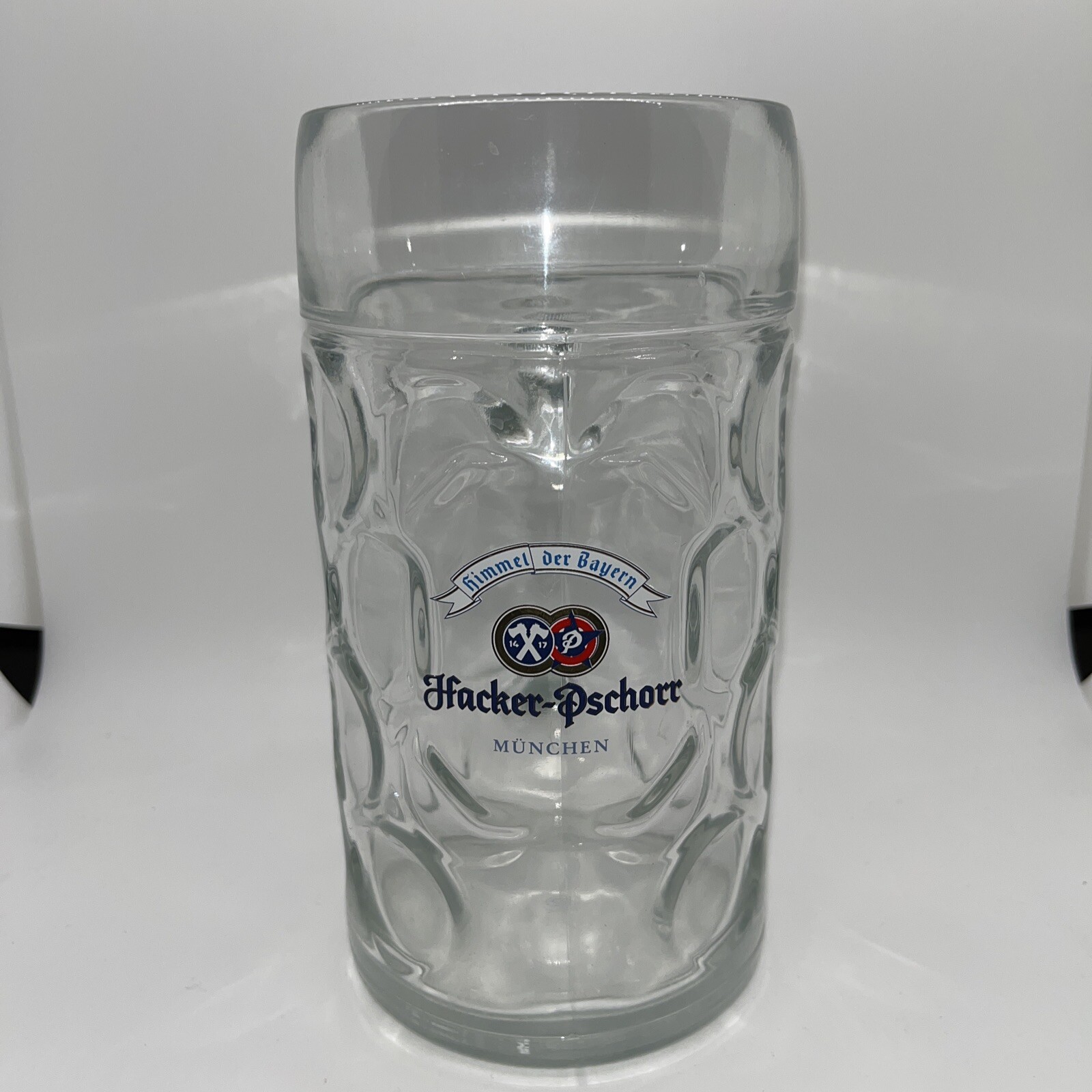 Hacker-Pschorr Munchen Glass Dimple Beer Mug 1L Small Chip On Back Lip ...
