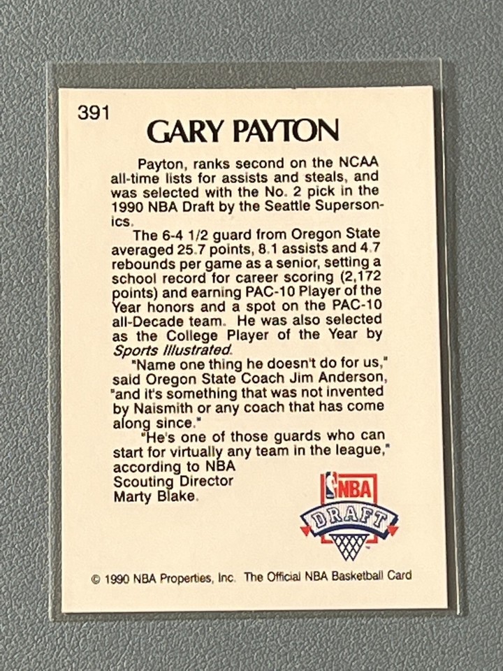 1990 NBA Hoops Basketball Gary Payton Rookie RC Lottery Pick #391 ...