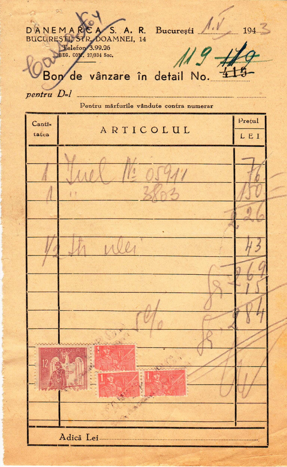 Romania, 1943, Vintage Bill / Receipt - Revenue / Fiscal Stamps ...