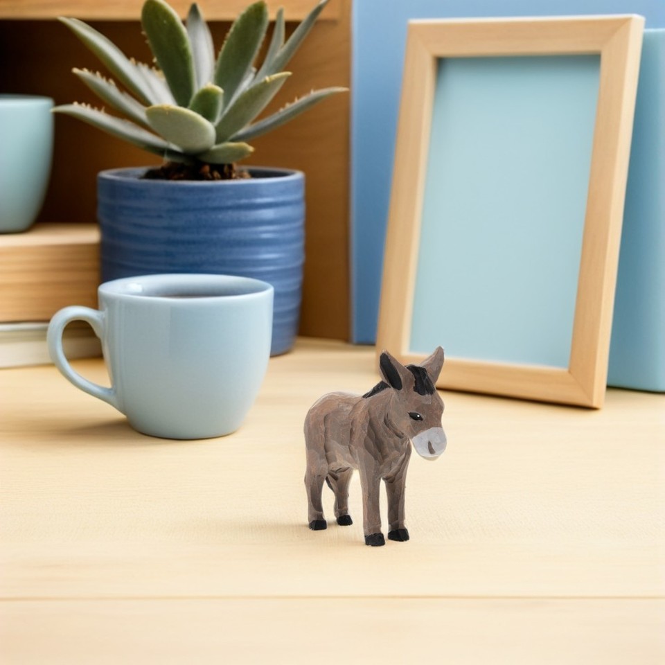 Wooden Small Donkey Statue Mini Animal Decor Collectible Carved Cute ...