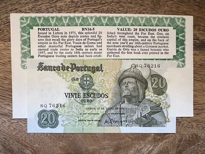 PORTUGAL 1971 20 ESCUDOS OURO NOTE - Portuguese 20 Banknote Banco De ...