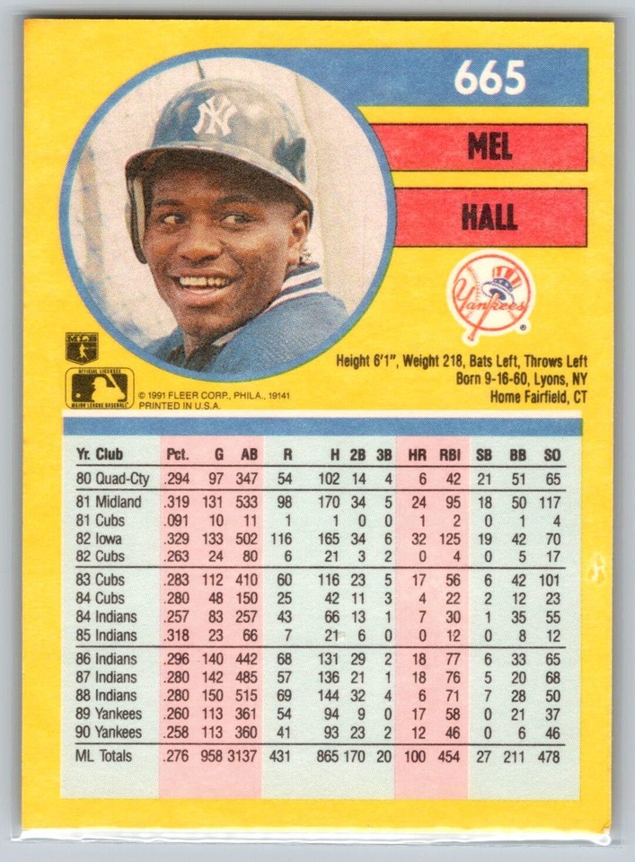 1991 Fleer - Mel Hall #665 New York Yankees MLB Baseball Card | eBay